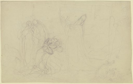 Rechts ein Priester mit abweisender Gebärde, vor ihm zwei kniende ...