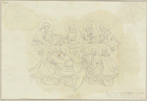 Ein Predellenbild, das letzte Abendmahl darstellend, von Giotto in der Galleria dell'Accademia ...