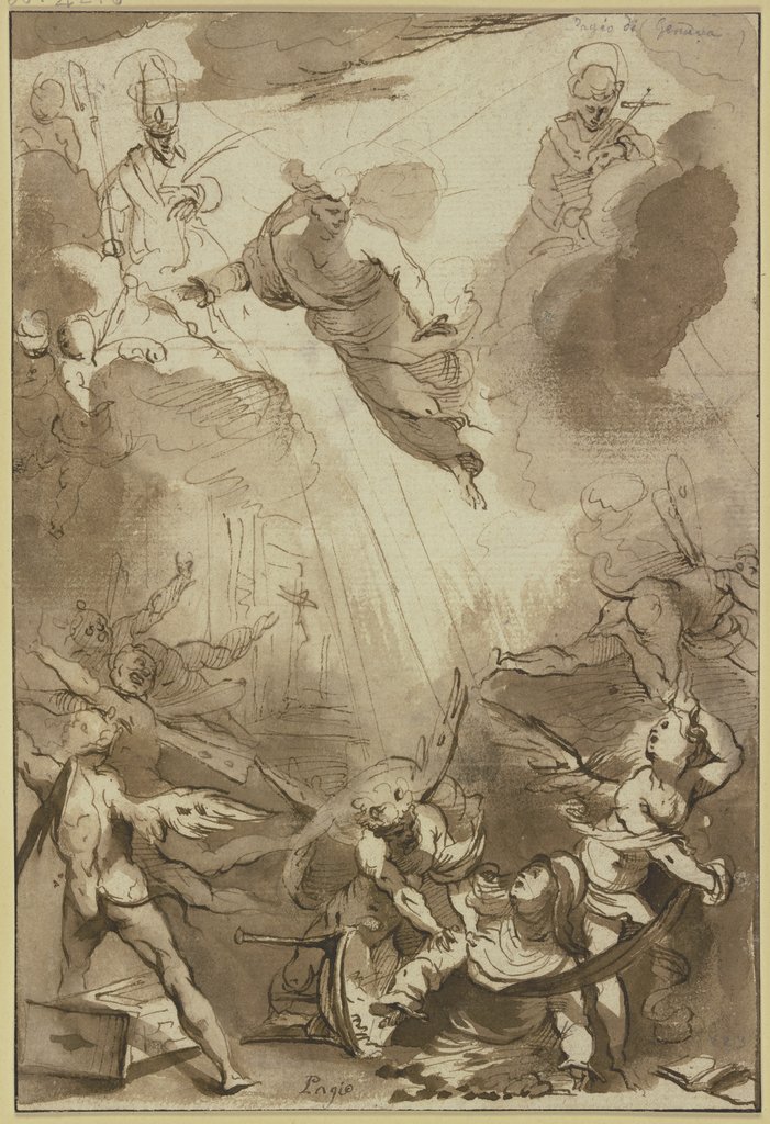 Devils torment a female saint, are then chased away by an angel ...