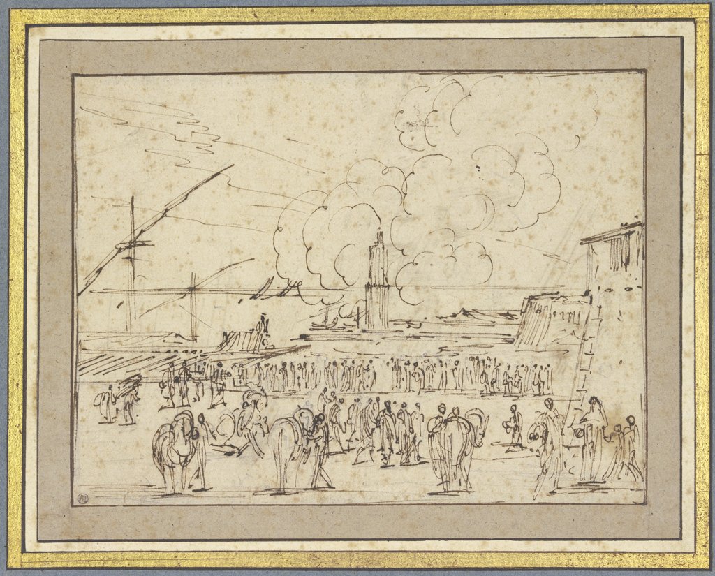 Seaport with a galley, many figures on the shore - Digital Collection
