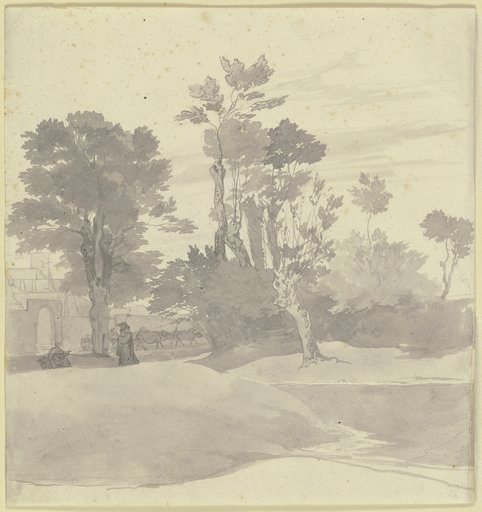 Baumbestandene italienische Landschaft mit figürlicher Staffage ...