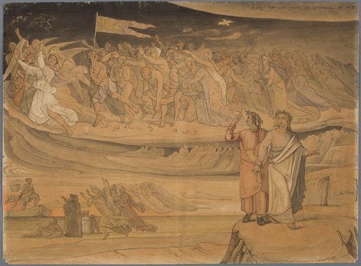 Der Dichter am Fluss, über welchen Charon die Seelen der Abgeschiedenen ...