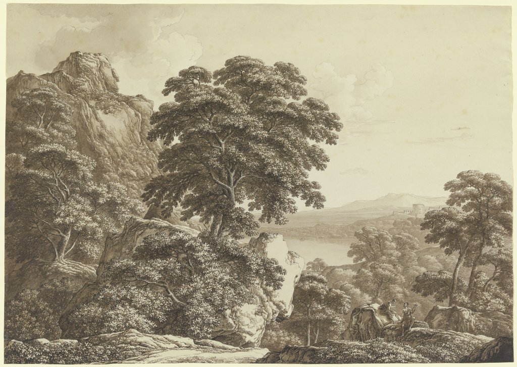 Felsige südliche Landschaft mit See und diskutierenden Einsiedlern ... Felsige südliche Landschaft mit See und diskutierenden Einsiedlern ...